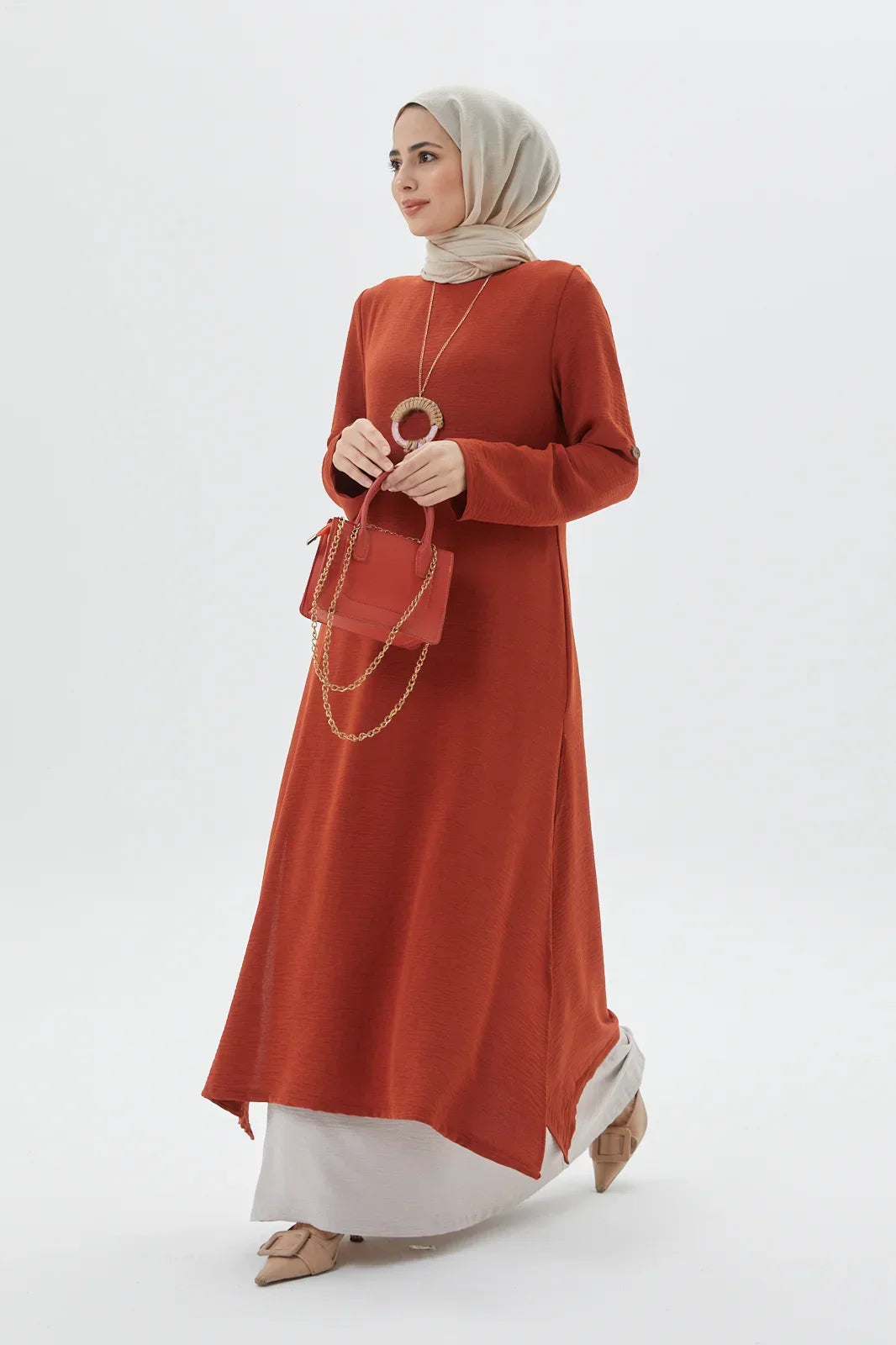 Modest Burnt Orange Turtleneck Hijab Dress - Turkista
