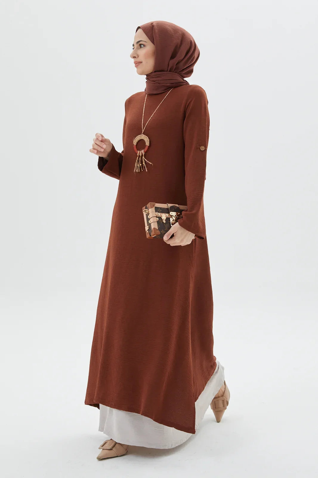 Modest Brown Turtleneck Hijab Dress - Turkista